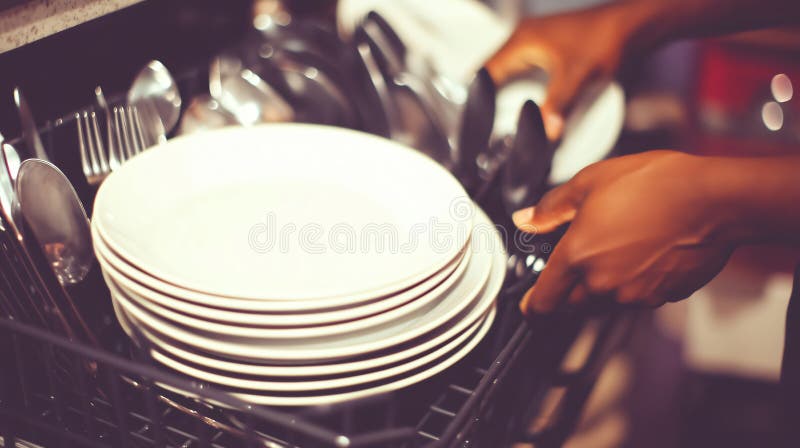 Housekeeper Loading Plates into Dishwasher after Lunch Service Stock ...