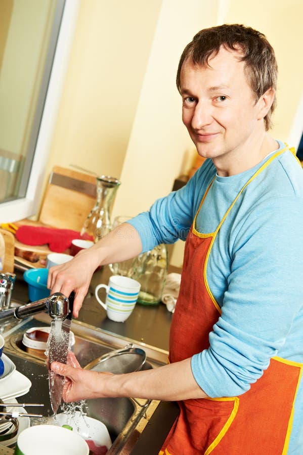 Housekeeper Man with Dish Washing Machine Stock Image - Image of ...