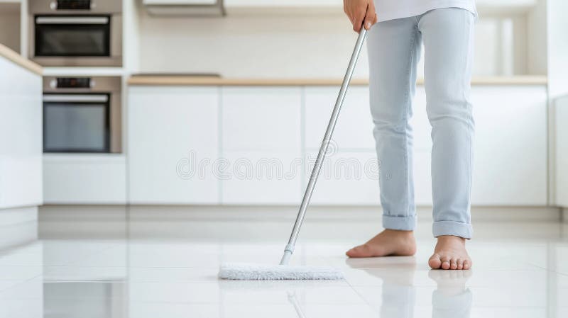 Housekeeper is Mopping a White Tiled Floor in a Modern Kitchen ...