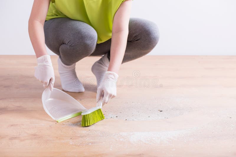 Housekeeper Sweeping Wooden Floor Stock Image - Image of sweeping, room ...