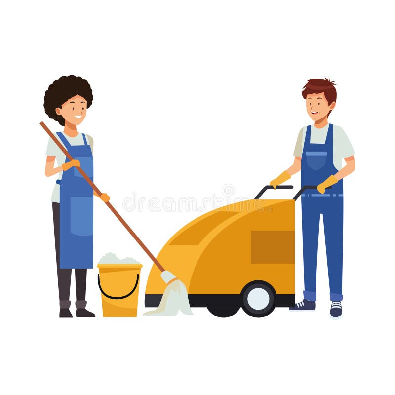 Housekeeping Couple Workers Cleaning Room with Tools Characters Stock ...