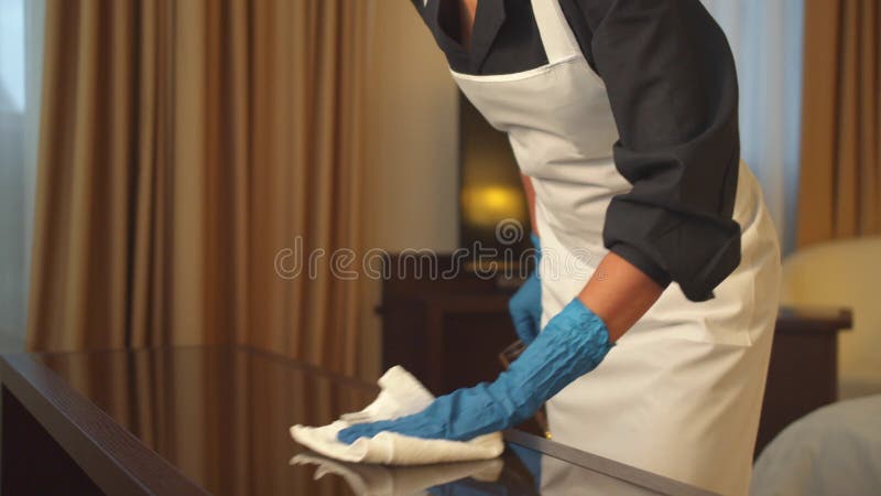 Housemaid in Gloves Wipe the Table with Rag in Hotel Room Stock Video ...