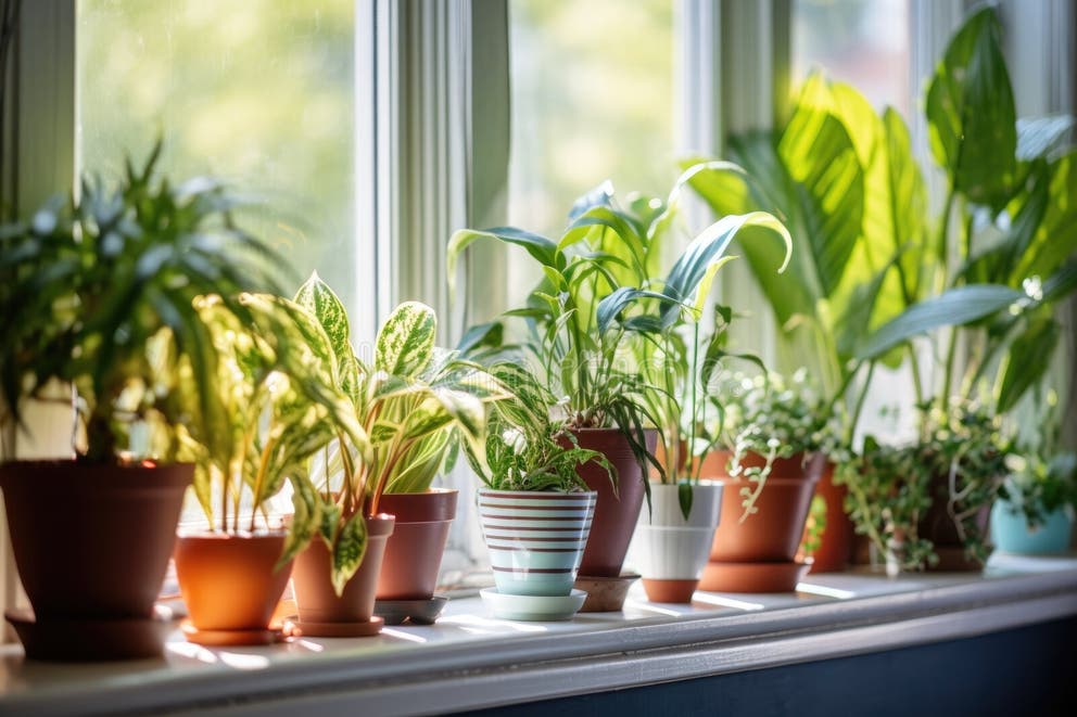 Houseplants in a Row on a Sunny Windowsill Stock Photo - Image of care ...