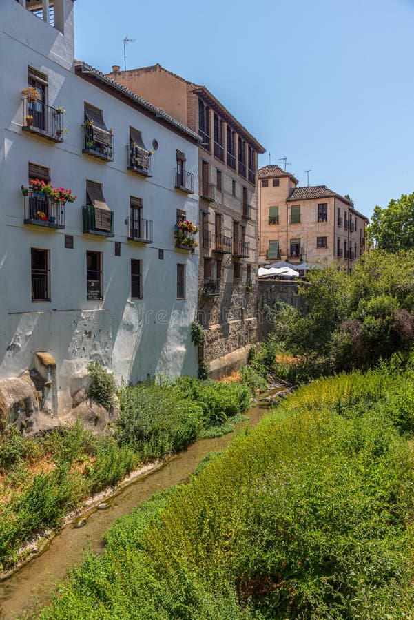 Houses Alongside River Darro in Granada, Spain Stock Photo - Image of ...