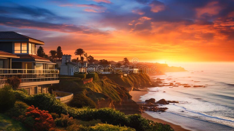Houses Perch on a Cliffside with a Stunning View of the Ocean at Sunset ...