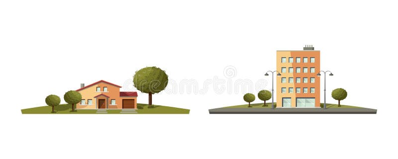 Houses Set. Detached Home and Apartment Building Stock Vector ...