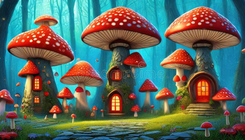 Houses in the Shape of a Toadstool in a Fairytale Forest Stock ...