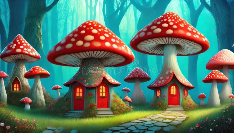 Houses in the Shape of a Toadstool in a Fairytale Forest Stock ...