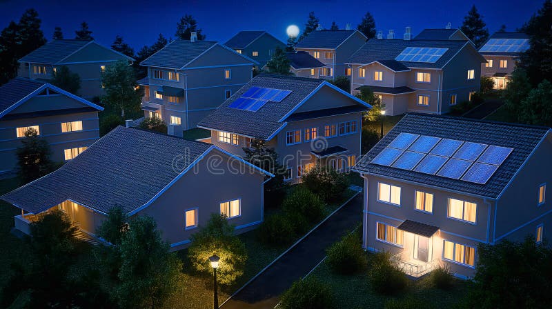 Houses in Suburb with Solar Panels at Night Stock Illustration ...