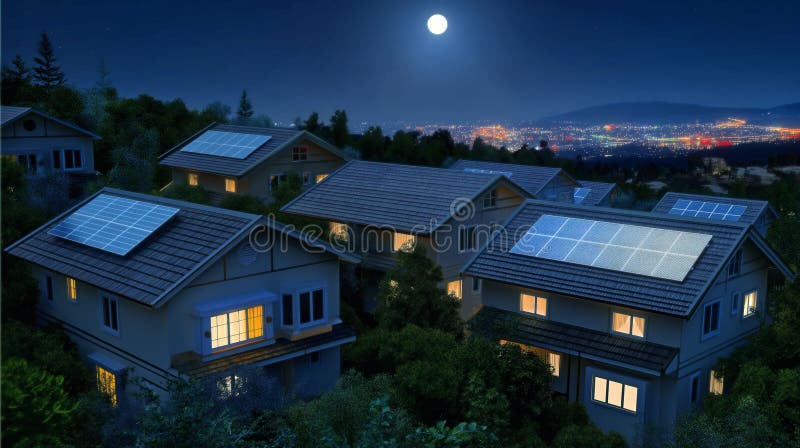 Houses in Suburb with Solar Panels at Night Stock Illustration ...