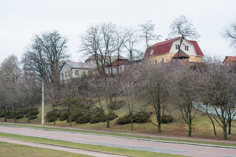 Houses on the Top of the Hill Near the Road Stock Photo - Image of ...