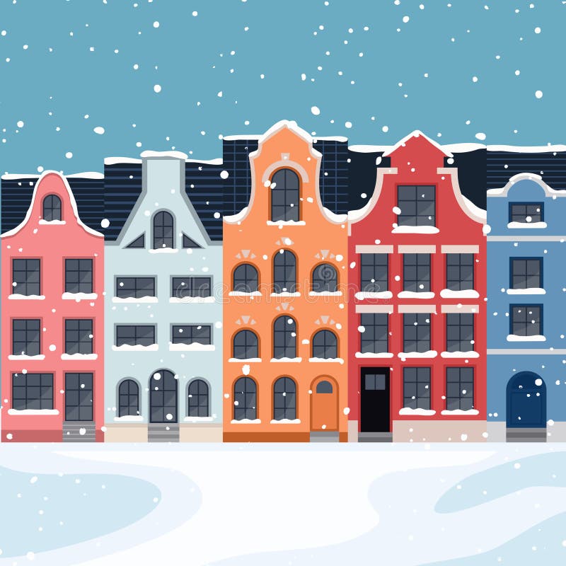 Houses in a Town with Snow Covered Roofs and Falling Snow Stock Vector ...