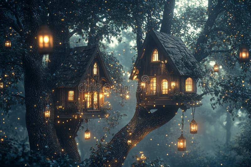 Houses in Tree Trunks, Houses in a Magical Forest at Night. Stock Photo ...