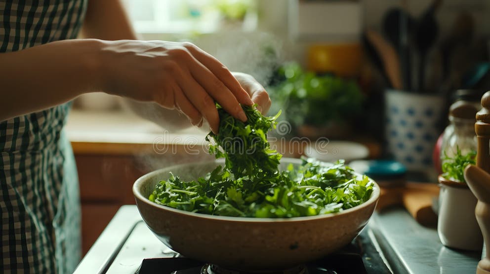 Housewife Adding Greens in Dish - Close-up Culinary Image Stock Illustration - Illustration of ...