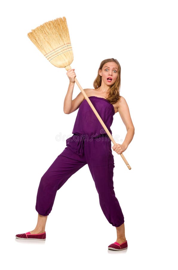 The Housewife with Broom Isolated on White Stock Photo - Image of ...