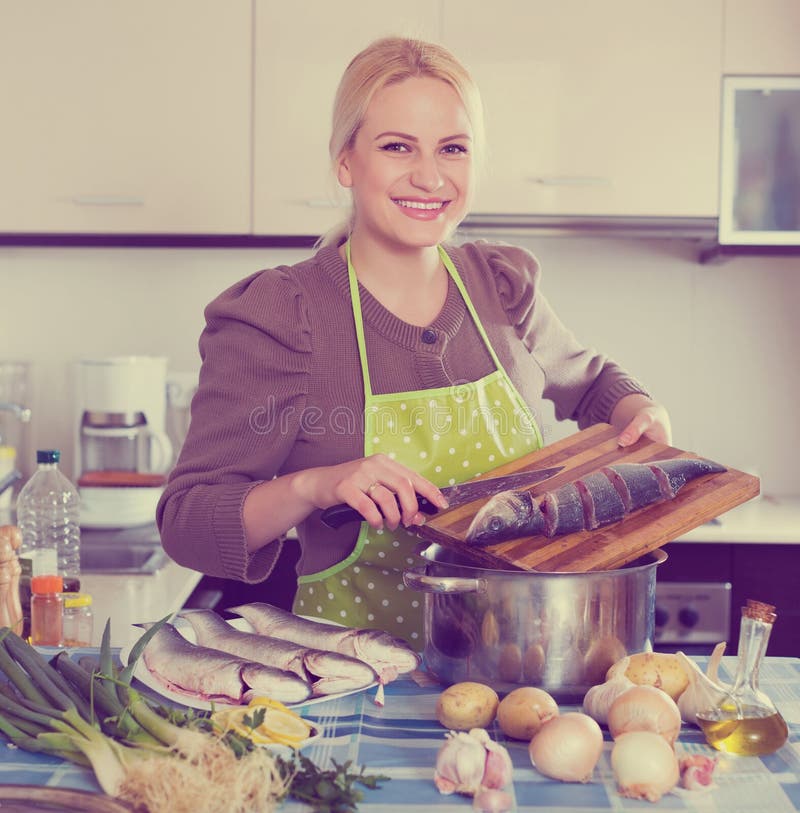Housewife Cooking Soup with Fish Stock Photo - Image of european, perch ...