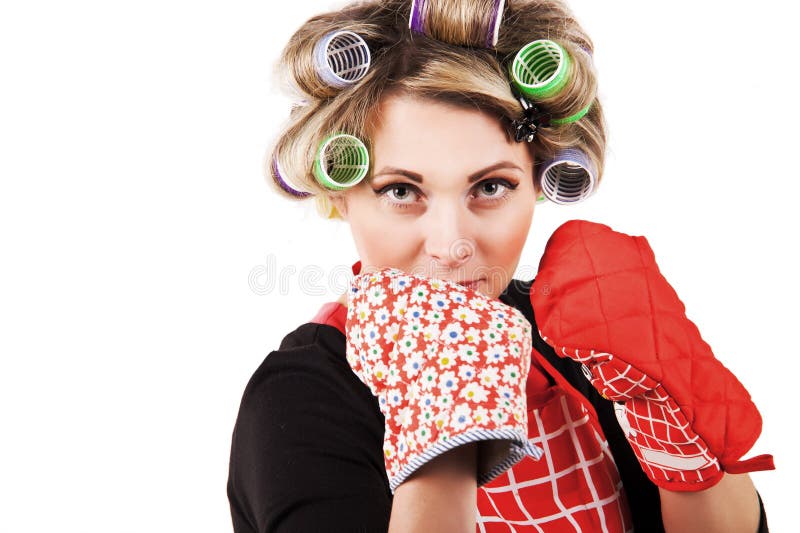 Housewife with Kitchen Gloves in Boxing Pose Stock Image - Image of ...