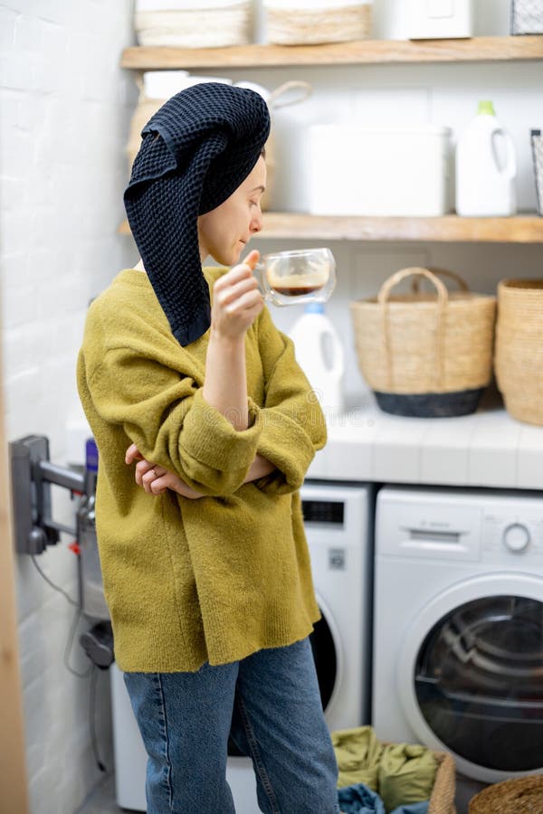 Housewife in the Laundry Room at Home Stock Image - Image of housework ...
