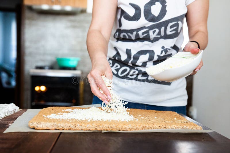 Housewife in Process of Baking Delicious Rectangular Cake in Kitchen ...