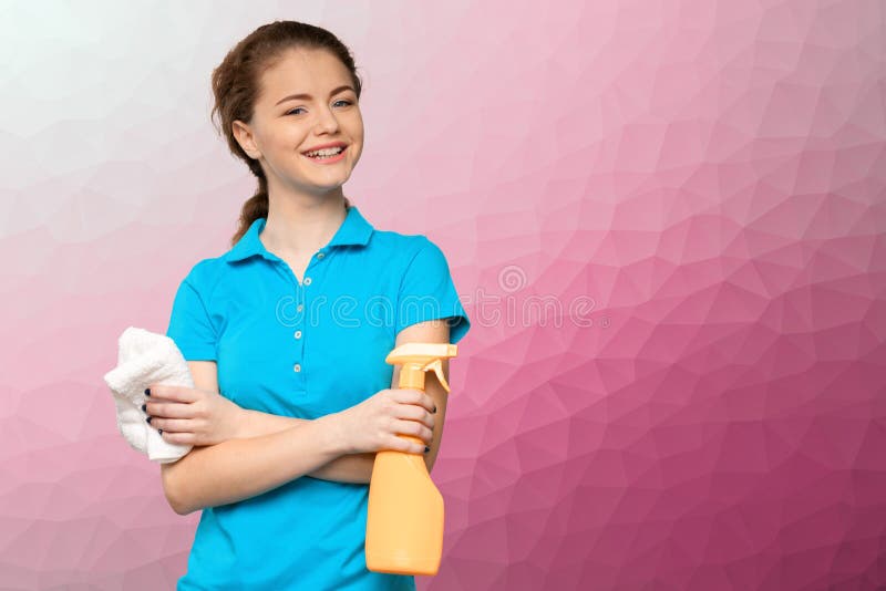 Housewife is Ready for Cleaning Stock Image - Image of bottle, glove ...
