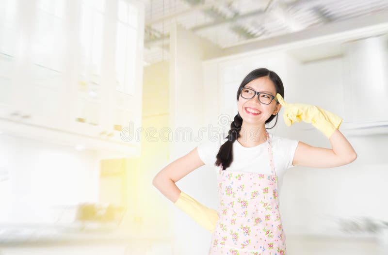 Housewife Thinking in Kitchen Stock Image - Image of housewife, glove ...