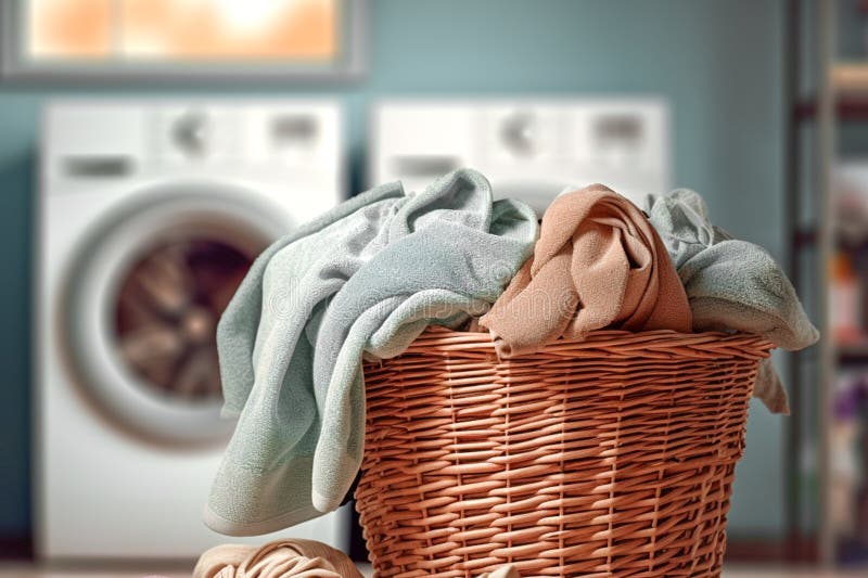 Housework in the Bathroom Using a Washing Machine. Wicker Basket with ...