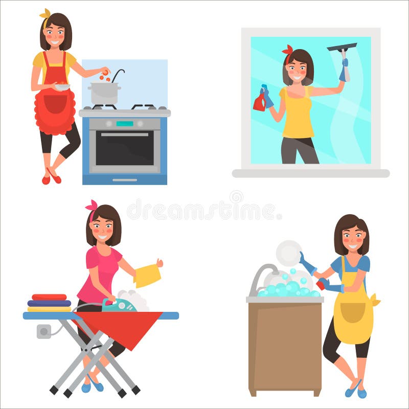 Housework at Home Color Flat Illustration Set Stock Vector ...