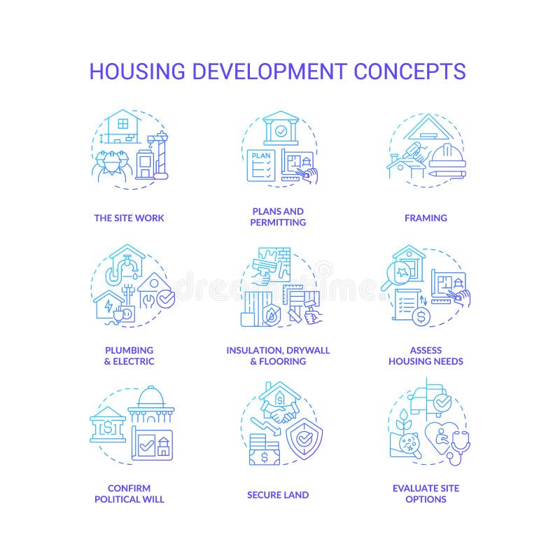 Housing Development Blue Gradient Concept Icons Set Stock Vector - Illustration of linear ...