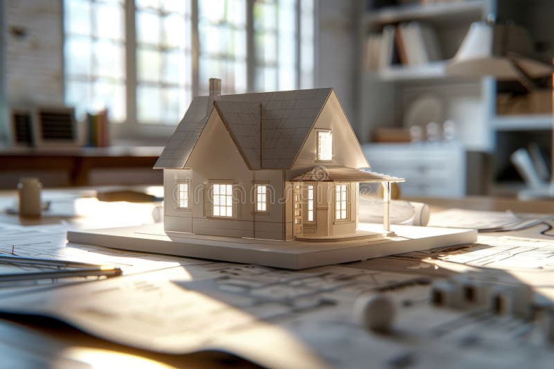 Housing Project Drawings and Architectural House Model on an Office ...