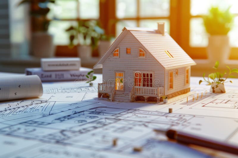 Housing Project Drawings and Architectural House Model on an Office ...