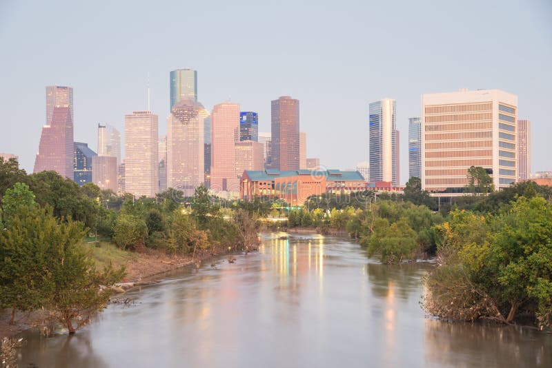 Houston Downtown Bayou River Sunset Image stock - Image du nuit ...