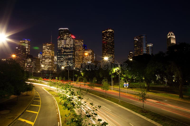 Houston Downtown Skyline Illuminated at Blue Hour Stock Image - Image ...