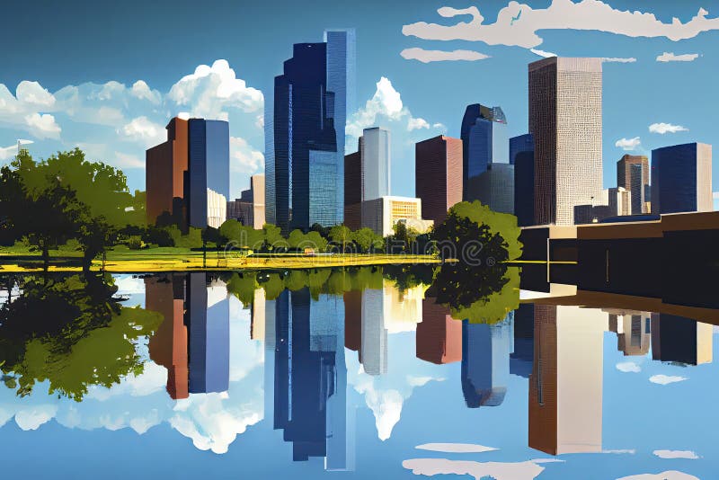 Houston Skyline with Color Buildings, Blue Sky and Reflections Stock ...