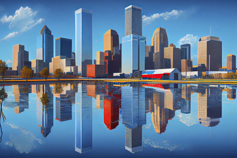 Houston Skyline with Color Buildings, Blue Sky and Reflections Stock ...