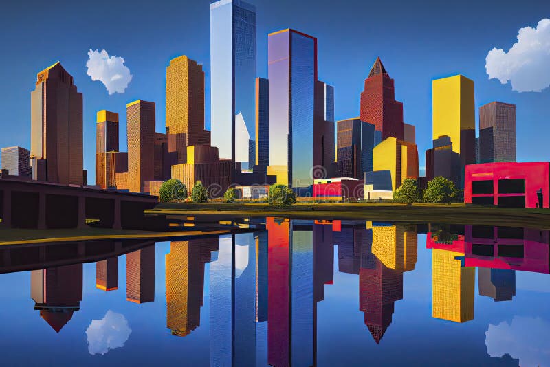 Houston Skyline with Color Buildings, Blue Sky and Reflections Stock ...