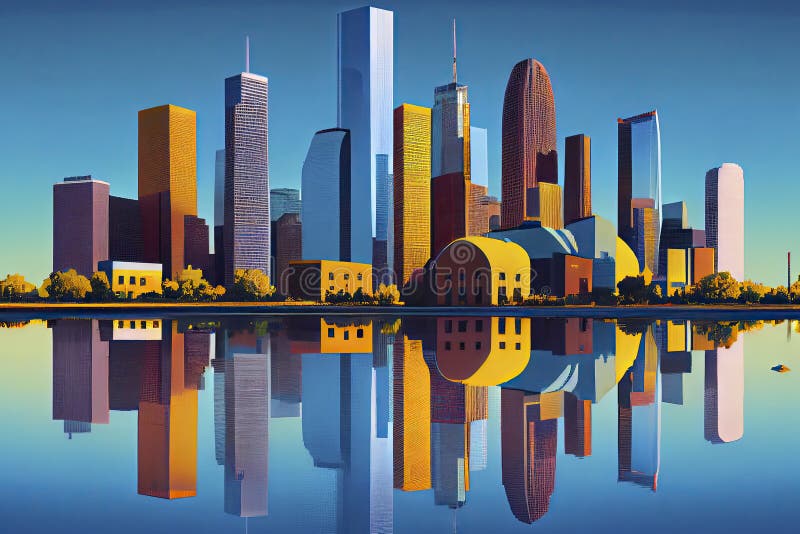 Houston Skyline with Color Buildings, Blue Sky and Reflections Stock ...