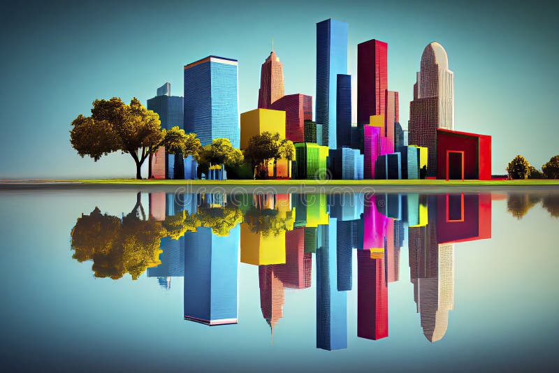 Houston Skyline with Color Buildings, Blue Sky and Reflections Stock ...