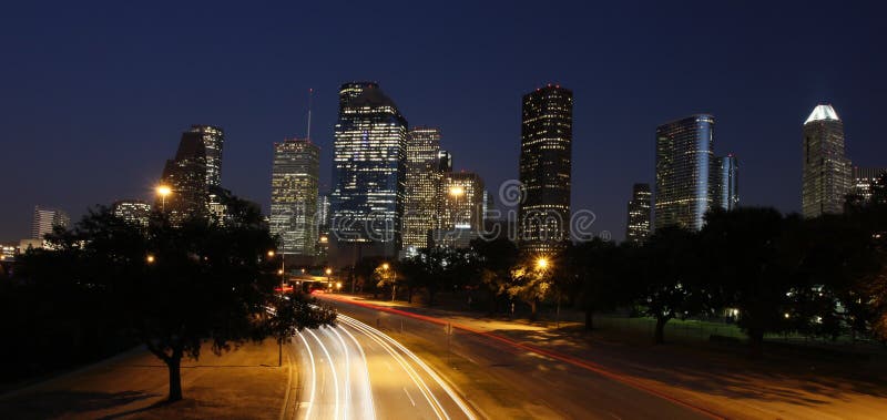 Houston Skyline at Night with Highway Traffic Stock Image - Image of ...