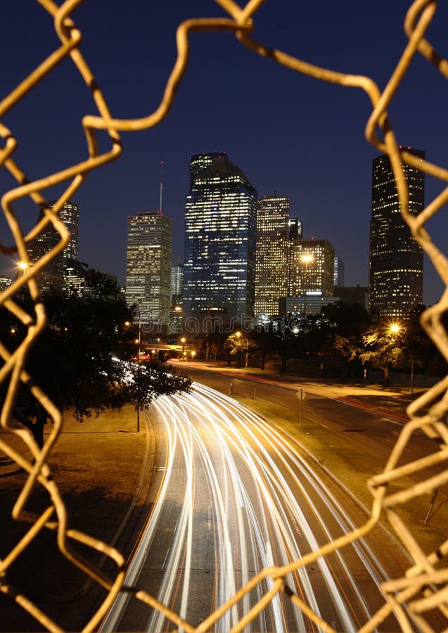Houston Skyline at Night with Highway Traffic Stock Image - Image of ...