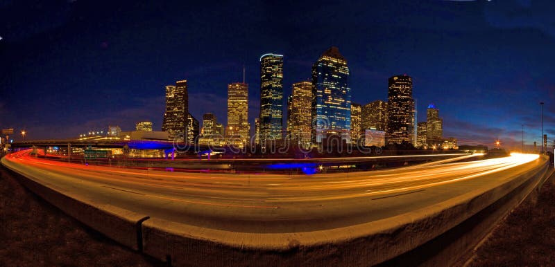 Houston Skyline at Night with Highway Traffic Stock Image - Image of ...