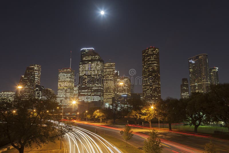 Houston Skyline at Night with Highway Traffic Stock Image - Image of ...