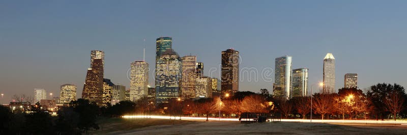 Houston Skyline at Night with Highway Traffic Stock Image - Image of ...