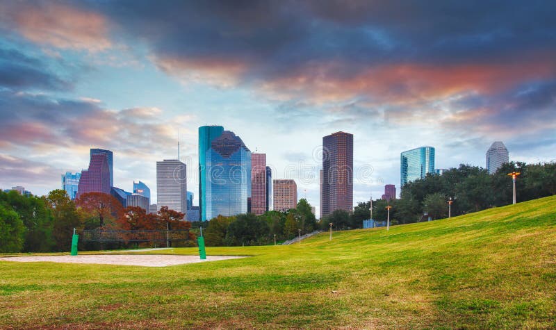 Houston Skyline in Sunny Day from Park Grass of Texas USA Stock Image ...