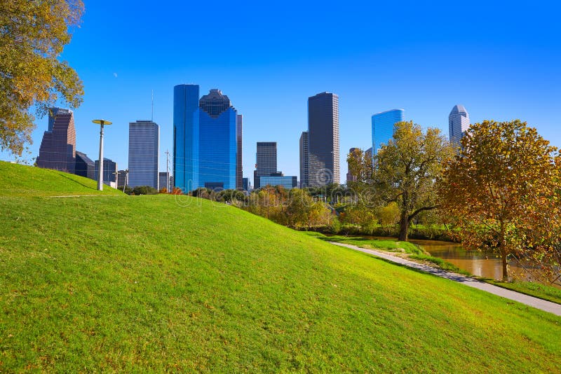 Houston Skyline in Sunny Day from Park Grass Stock Photo - Image of ...