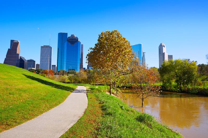 Houston Skyline in Sunny Day from Park Grass Stock Photo - Image of ...