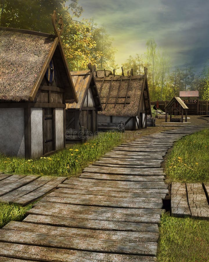 Houten Bestrating in Een Dorp Stock Illustratie - Illustration of ...
