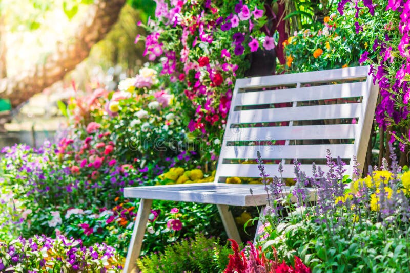 Houten Stoel in De Bloementuin Stock Afbeelding - Image of land ...