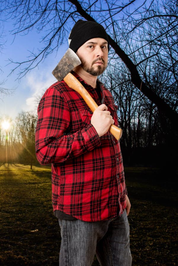 Houthakker Woodsman in Forest Fall Foliage Stock Foto - Image of bijl ...