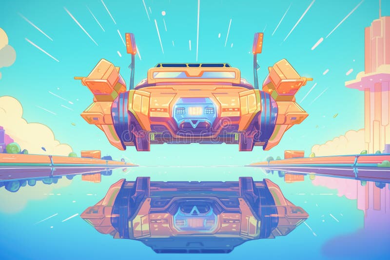 Hover Car Over Bridge with Neon Water Reflections Stock Image - Image ...