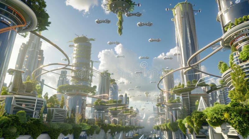 Hover Cars and Vertical Farms in a Futuristic City Model, Emphasizing ...